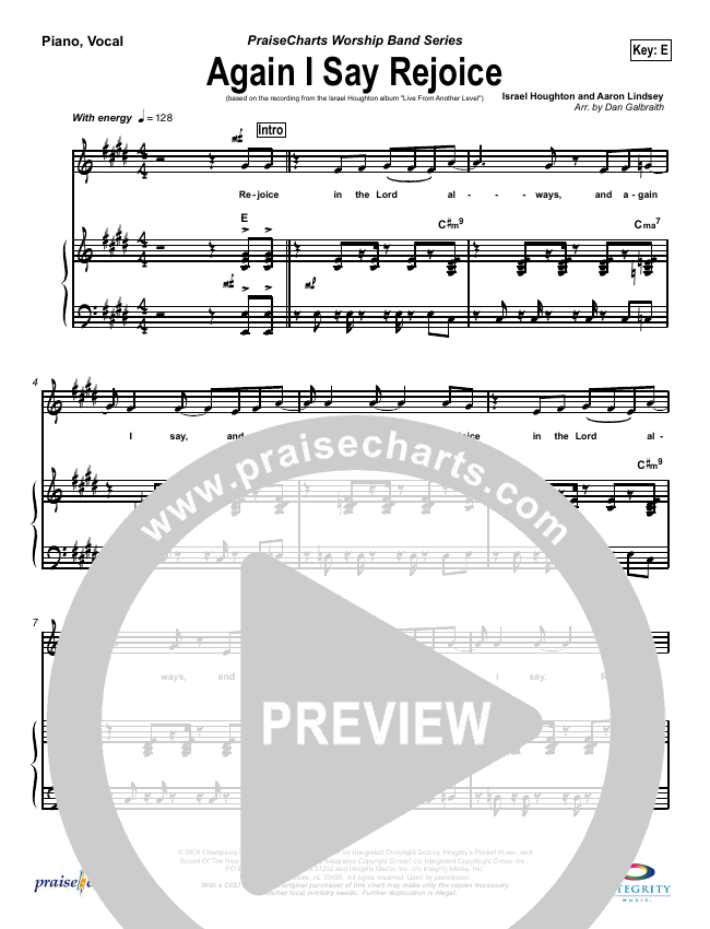 Again I Say Rejoice Sheet Music PDF (Israel Houghton) - PraiseCharts
