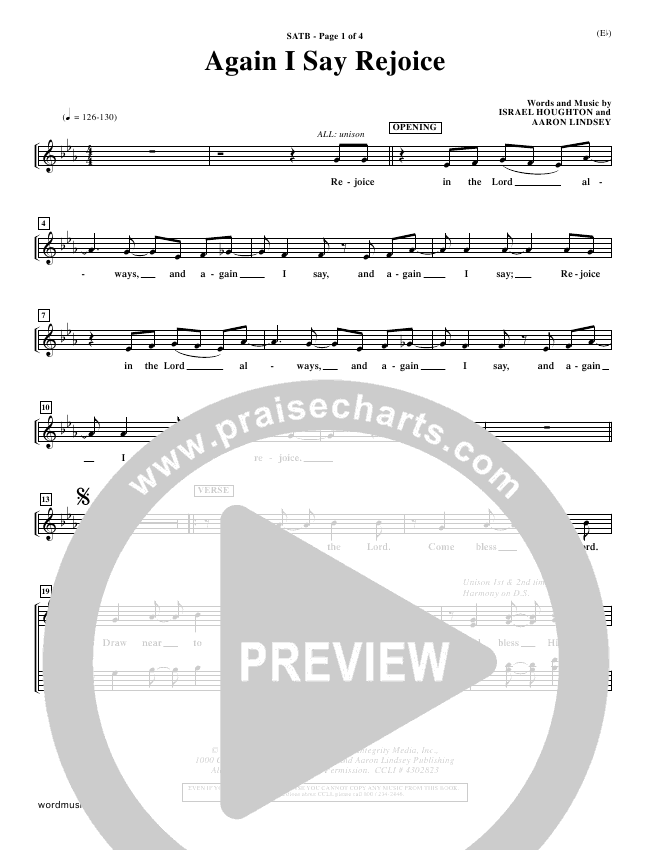 Again I Say Rejoice Sheet Music PDF (Israel Houghton) - PraiseCharts