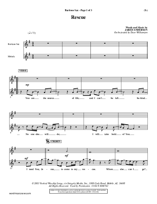 Rescue Bari Sax Sheet Music Pdf Reuben Morgan Praisecharts