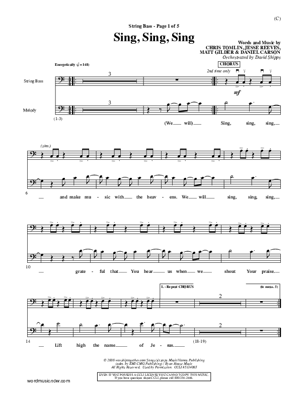 Sing Sing Sing String Bass Sheet Music PDF (Chris Tomlin) - PraiseCharts