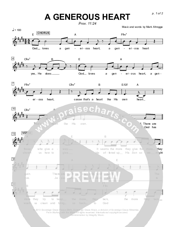 A Generous Heart Sheet Music PDF (Sovereign Grace) - PraiseCharts