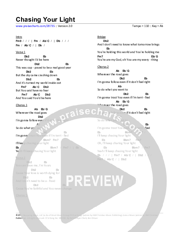 Chasing Your Light Chords PDF (Patrick Ryan Clark) - PraiseCharts