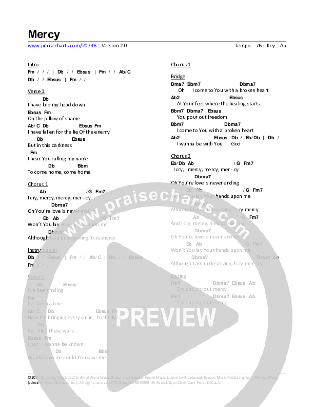 Mercy Chords PDF (Patrick Ryan Clark) - PraiseCharts