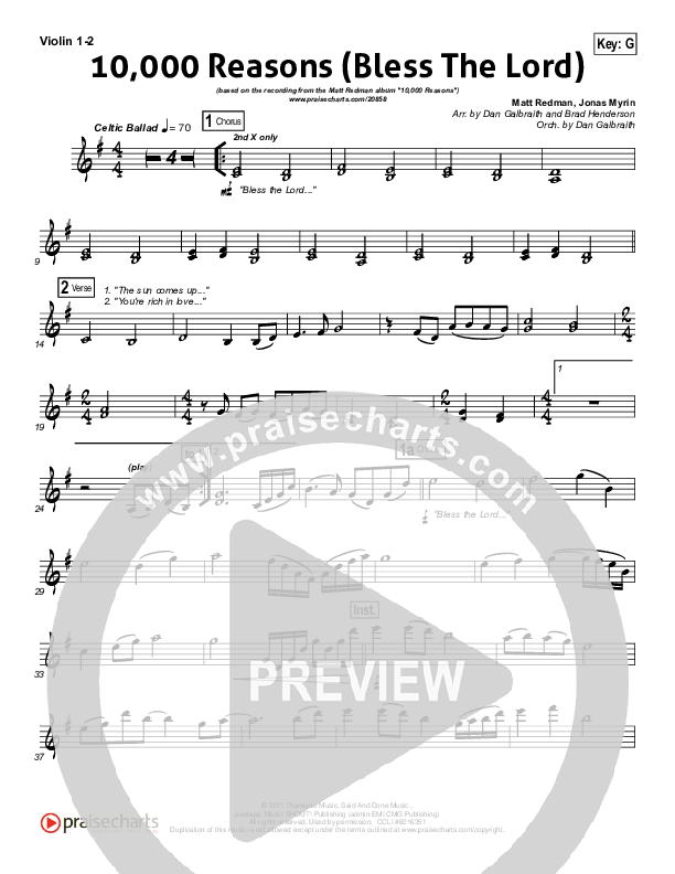 10 000 Reasons Bless The Lord Violin Sheet Music Pdf Matt Redman