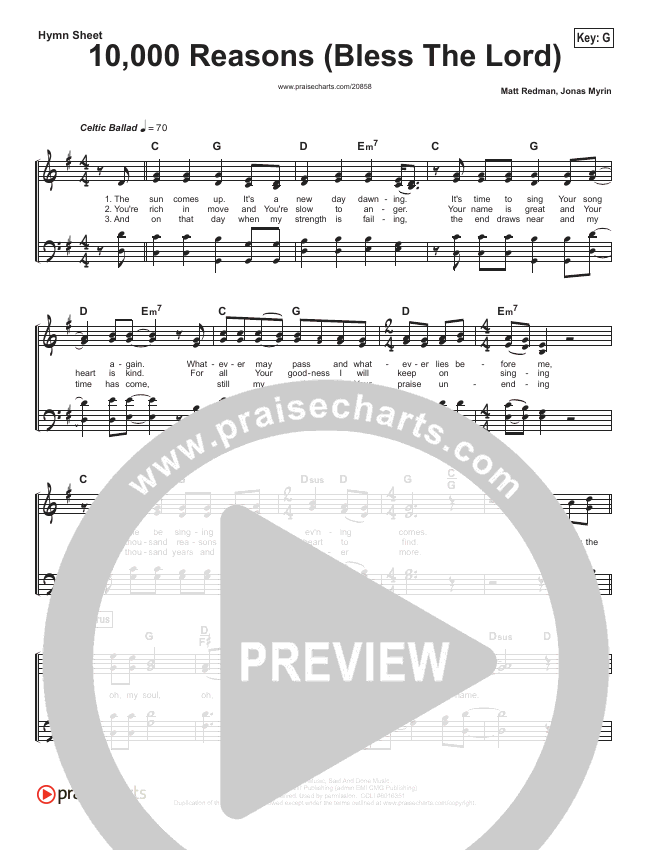 10000 Reasons Bless The Lord Hymn Sheet Matt Redman Passion