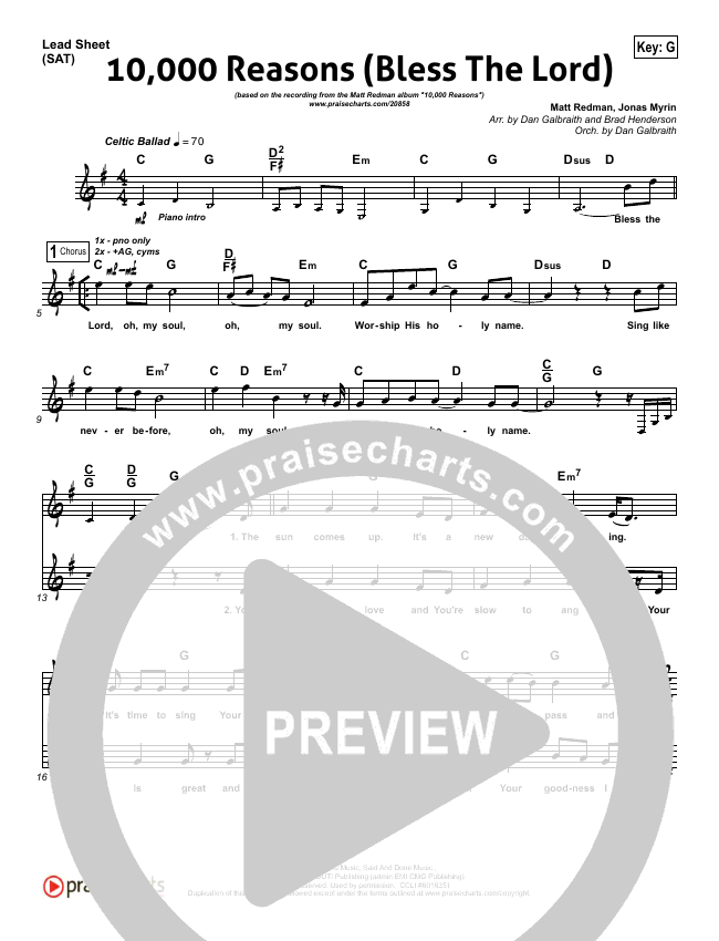 10000 Reasons Bless The Lord Sheet Music Pdf Matt Redman Passion