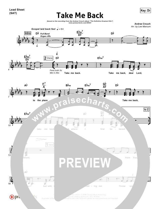 Take Me Back Sheet Music (Andrae Crouch) - PraiseCharts