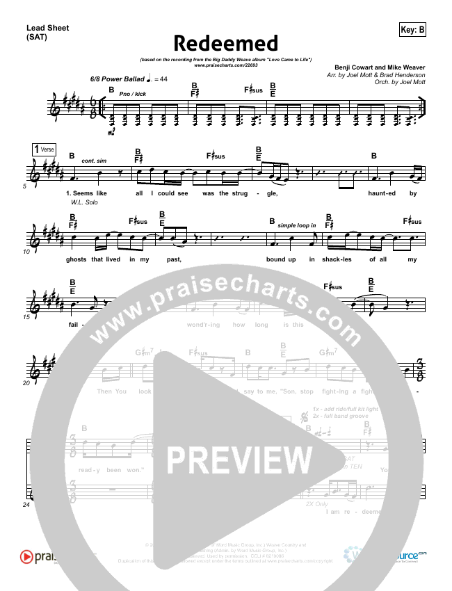 Redeemed Sheet Music PDF (Big Daddy Weave) - PraiseCharts