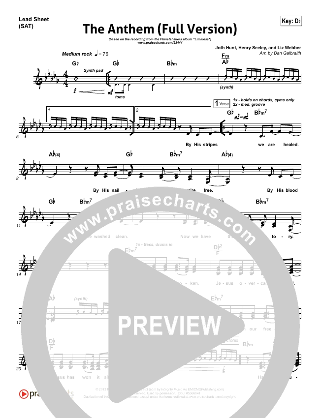 The Anthem (Full Version) (Live) Sheet Music (Planetshakers) - PraiseCharts