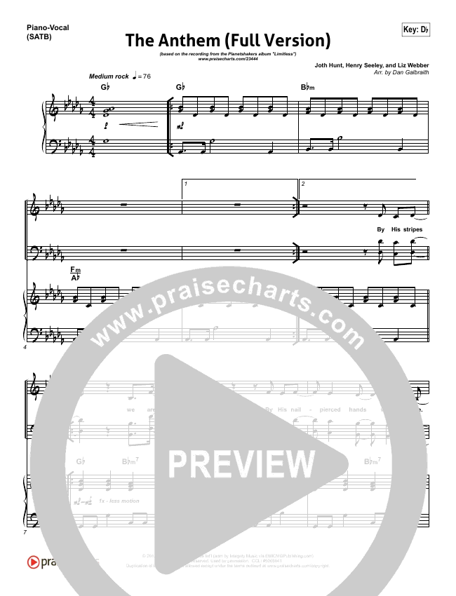The Anthem (Full Version) (Live) Sheet Music (Planetshakers) - PraiseCharts