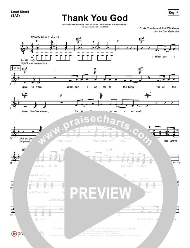 Thank You God Sheet Music PDF (Chris Tomlin) - PraiseCharts