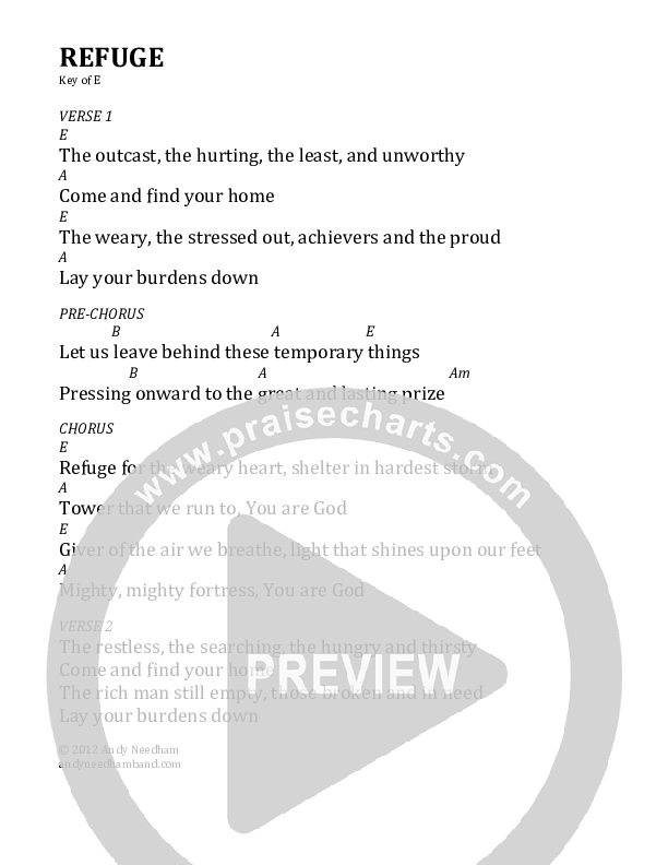 Refuge Chords PDF (Andy Needham Band) - PraiseCharts