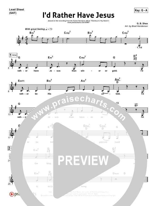 I'd Rather Have Jesus Sheet Music PDF (Susan Quintyne) - PraiseCharts
