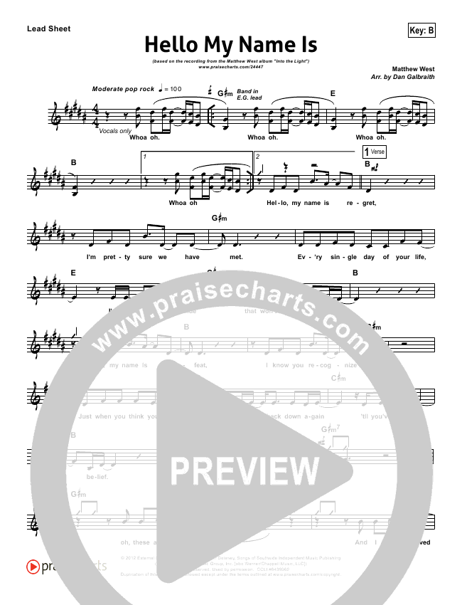 Hello My Name Is Sheet Music PDF (Matthew West) - PraiseCharts