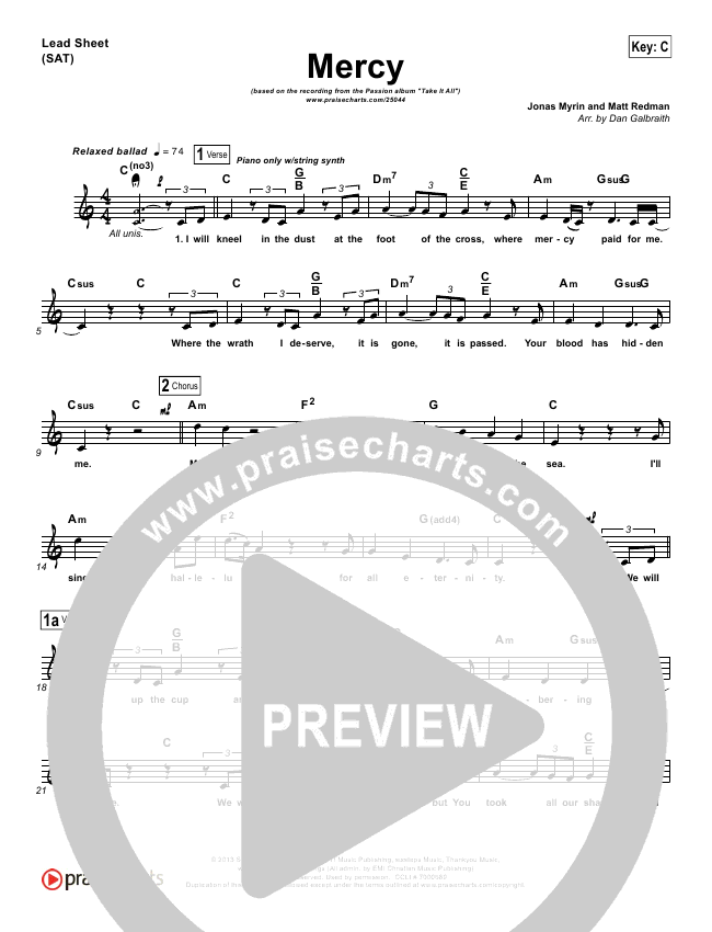 Mercy Sheet Music PDF (Matt Redman / Passion) - PraiseCharts