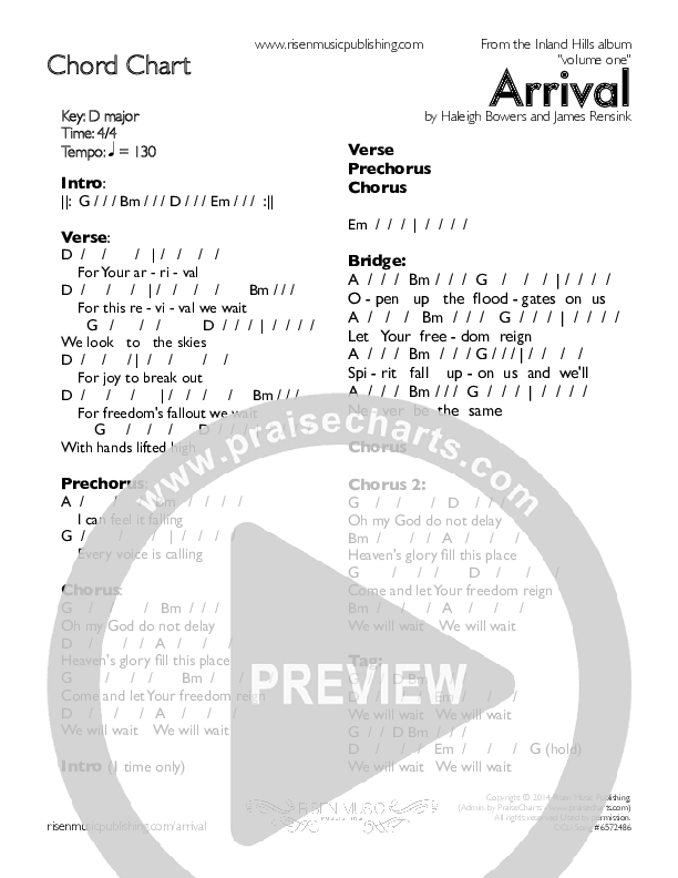 Arrival Chords PDF (Inland Hills) - PraiseCharts
