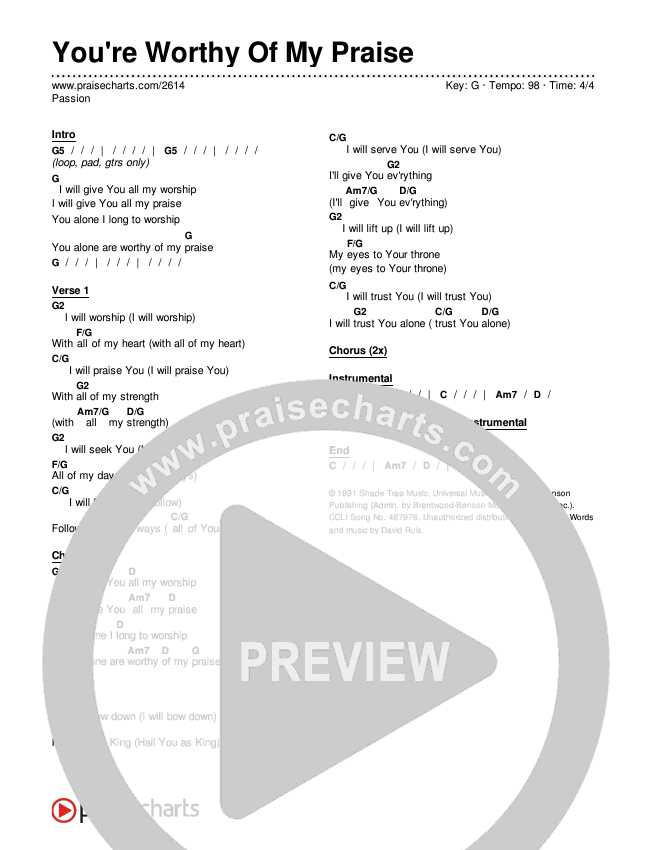 You're Worthy Of My Praise Chords PDF (Passion) - PraiseCharts You're Worthy Of My Praise Chords PDF (Passion) - PraiseCharts