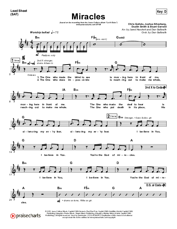 Miracles Sheet Music PDF (Jesus Culture / Chris Quilala) - PraiseCharts