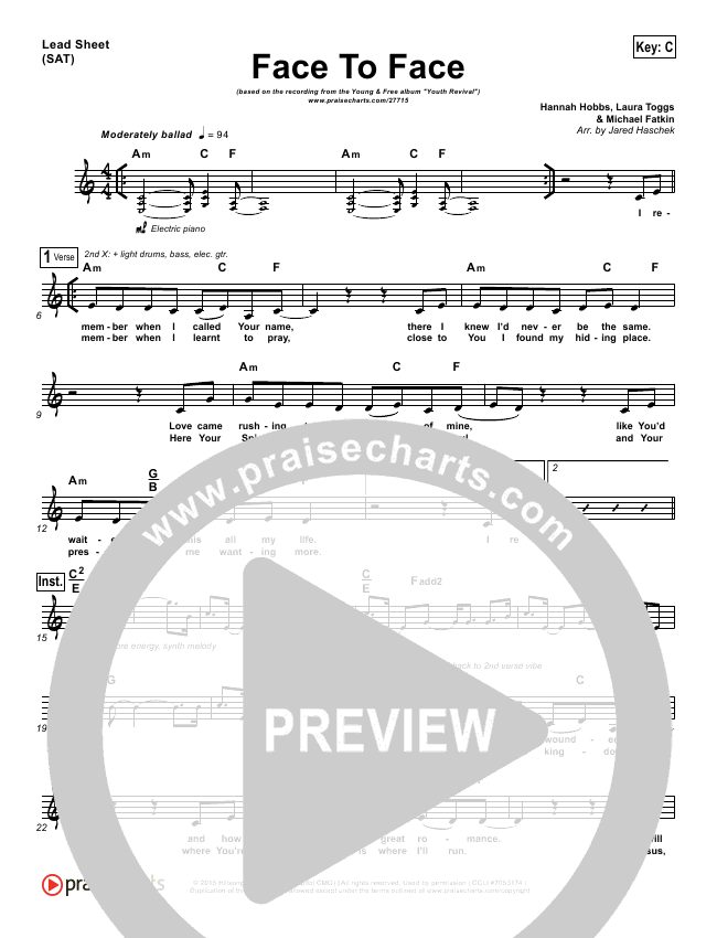 Face To Face Sheet Music (Hillsong Young & Free) - PraiseCharts