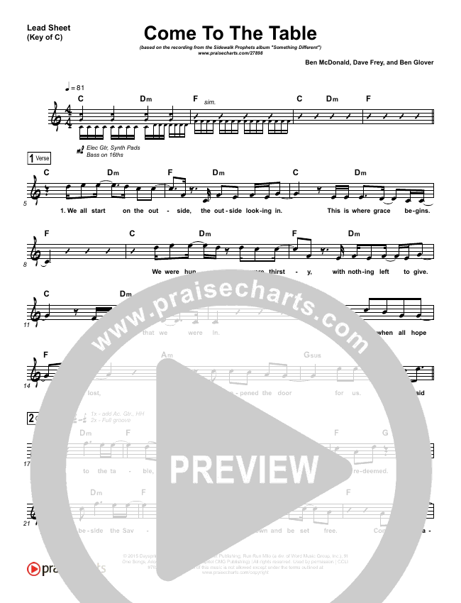 Come To The Table Sheet Music PDF (Sidewalk Prophets) - PraiseCharts