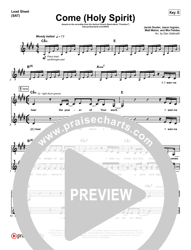 Come (Holy Spirit) Sheet Music PDF (Vertical Worship) - PraiseCharts