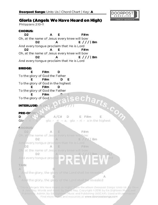 Gloria (Angels We Have Heard on High) Chords PDF (Doorpost Songs / Dave ...