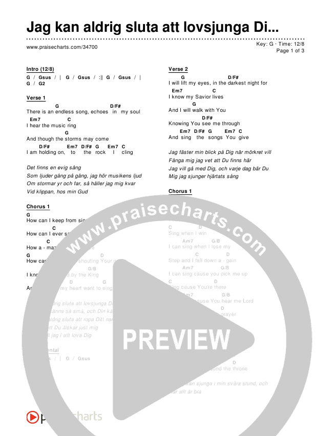 Jag kan aldrig sluta att lovsjunga Dig Chords PDF () - PraiseCharts