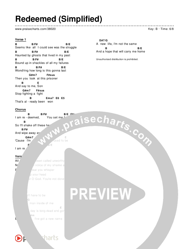 Redeemed (Simplified) Chords PDF (Big Daddy Weave) - PraiseCharts