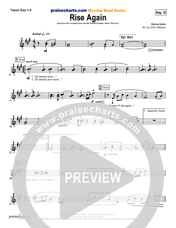 Rise Again Tenor Sax Sheet Music PDF (Dallas Holm) - PraiseCharts