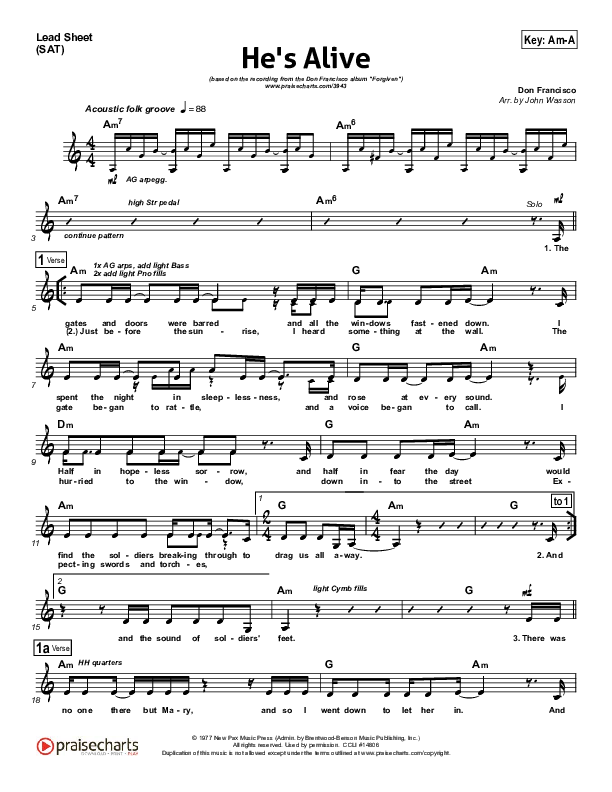 Hes Alive Sheet Music Pdf Don Francisco Praisecharts