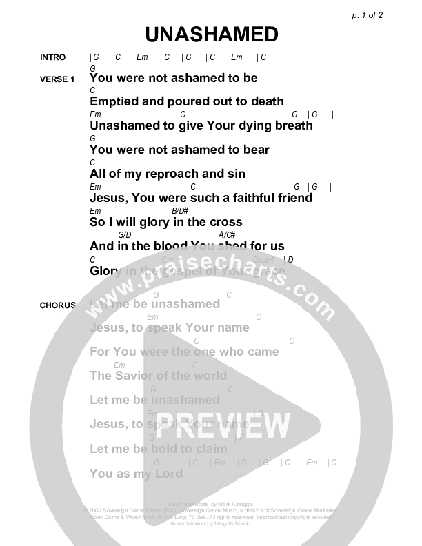 Unashamed Chords PDF (Sovereign Grace) - PraiseCharts