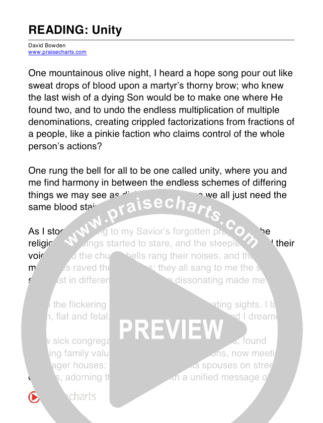 Unity (Reading) Sheet Music PDF (David Bowden Readings) - PraiseCharts