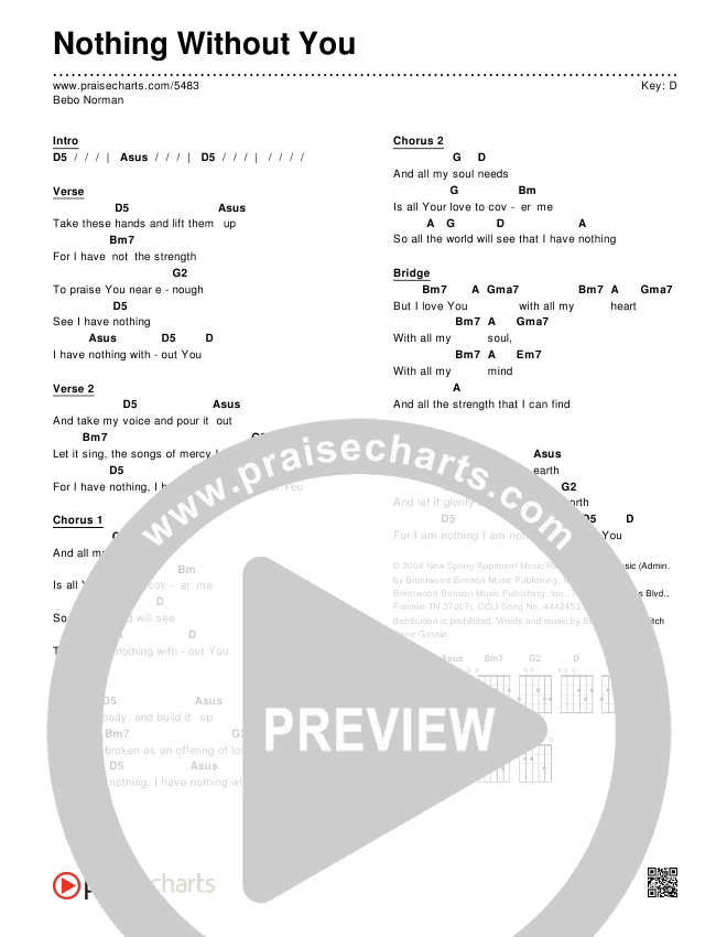 Nothing Without You Chords PDF (Bebo Norman) - PraiseCharts