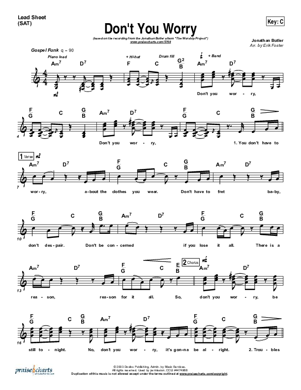 Don't You Worry Sheet Music PDF (Jonathan Butler) - PraiseCharts