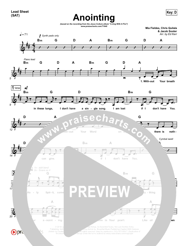 Anointing Sheet Music (Jesus Culture / Chris Quilala) - PraiseCharts