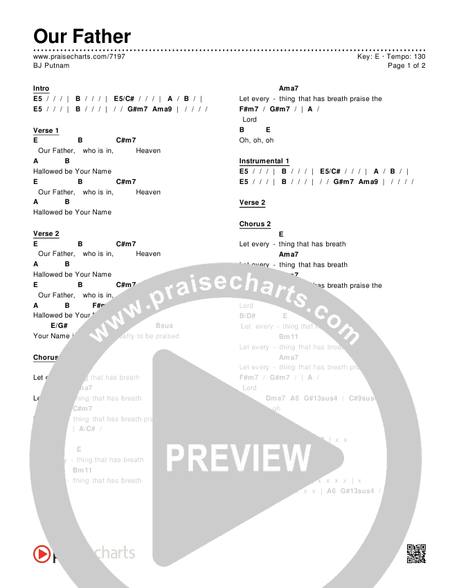 Our Father Chords PDF (BJ Putnam) - PraiseCharts