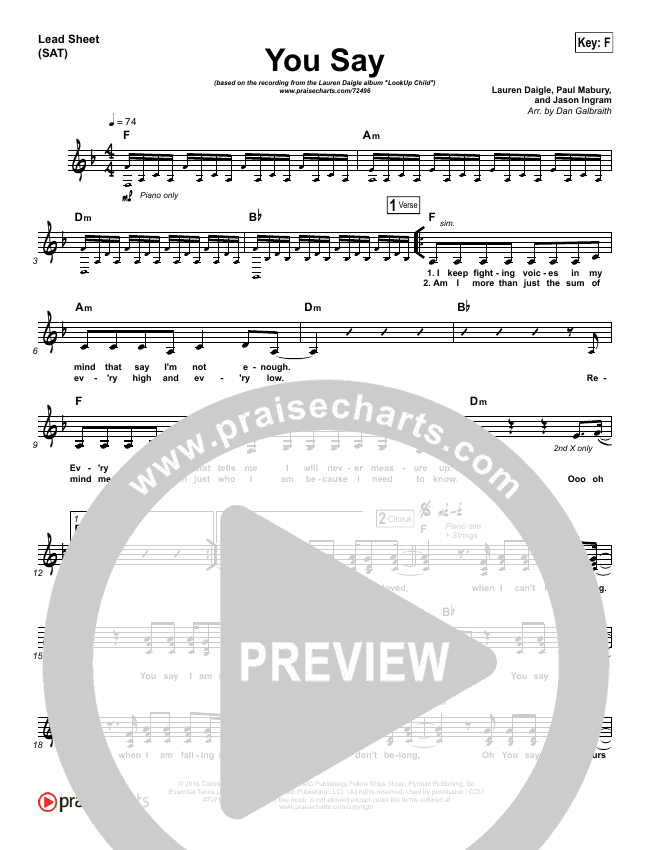 You Say (Piano) Sheet Music (Lauren Daigle) - PraiseCharts