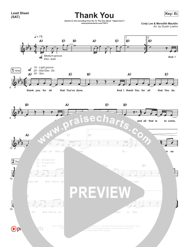 Thank You Song Sheet Music (UPPERROOM / Meredith Mauldin) - PraiseCharts