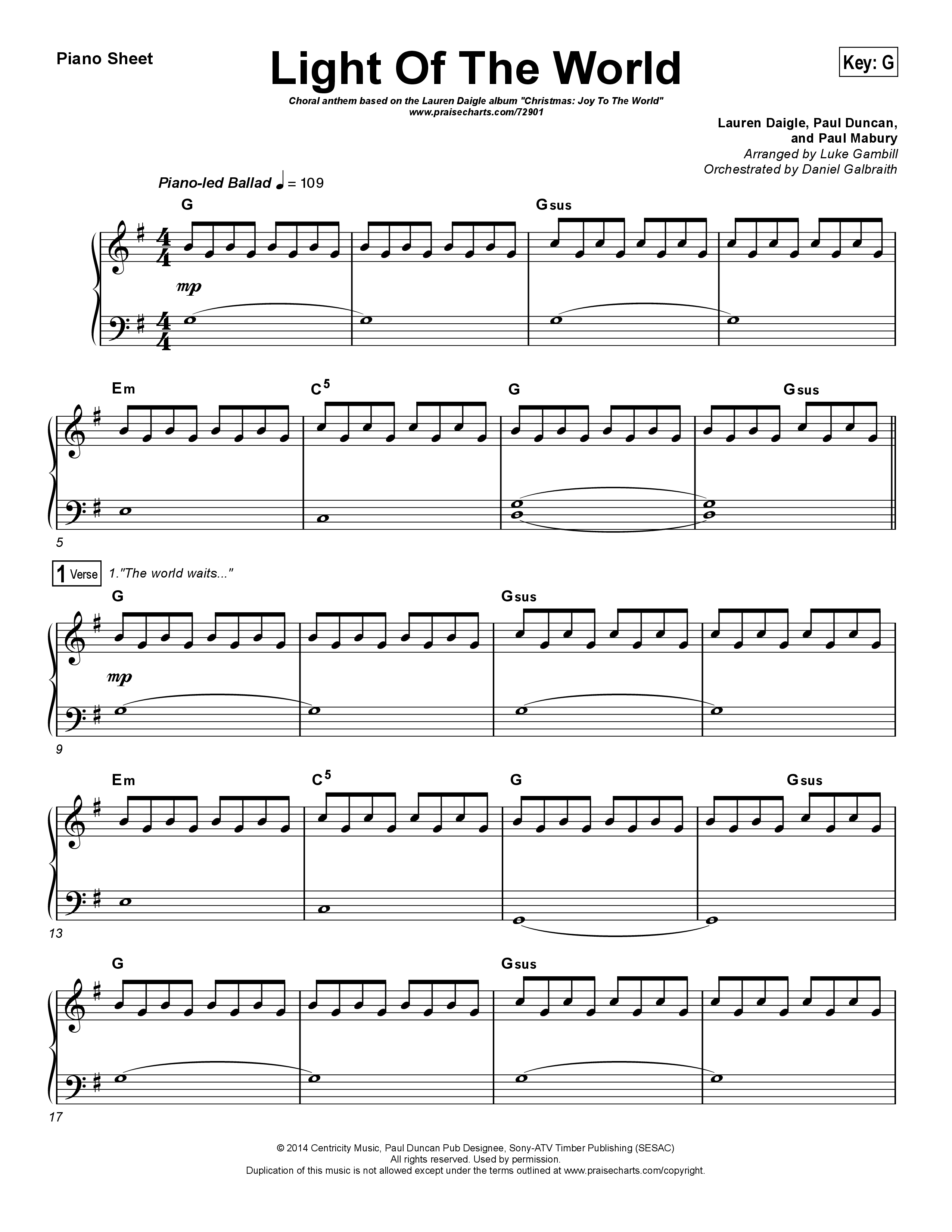 Light Of The World (Choral Anthem SATB) (Lauren Daigle / Arr. Luke Gambill) - PraiseCharts