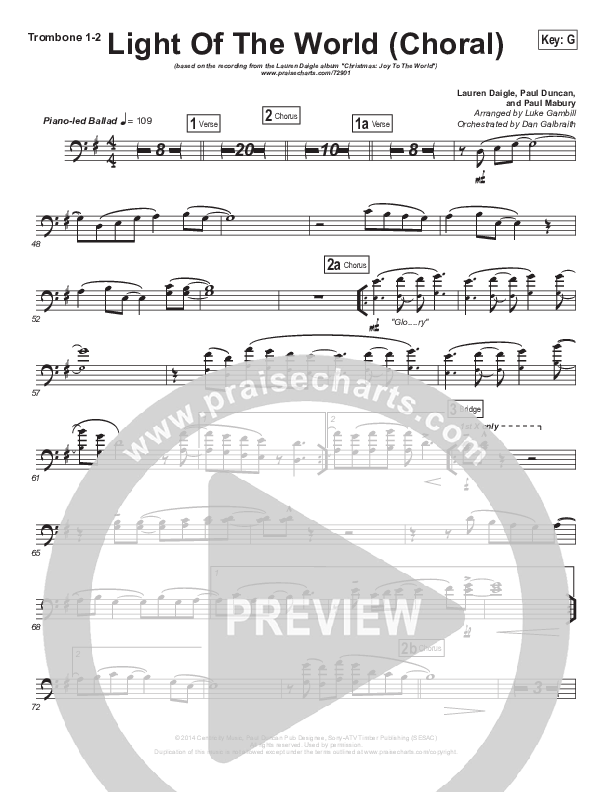 Light Of The World (Choral Anthem SATB) Trombone Sheet Music PDF (Lauren Daigle / Arr. Luke ...