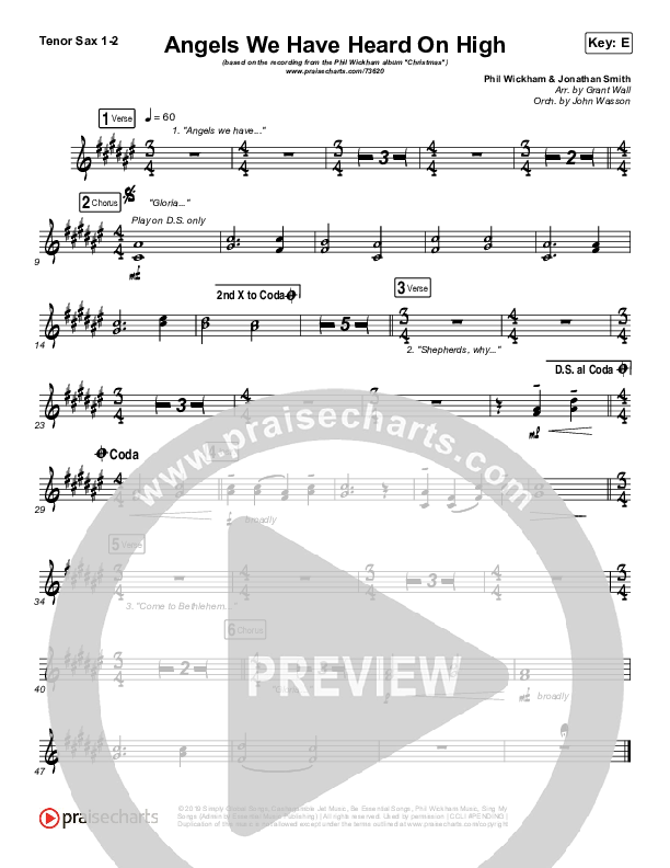 Angels We Have Heard On High Tenor Sax Sheet Music PDF (Phil Wickham) - PraiseCharts
