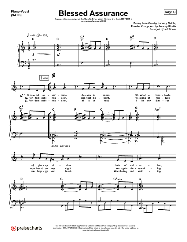 Blessed Assurance Sheet Music Pdf Jeremy Riddle Praisecharts