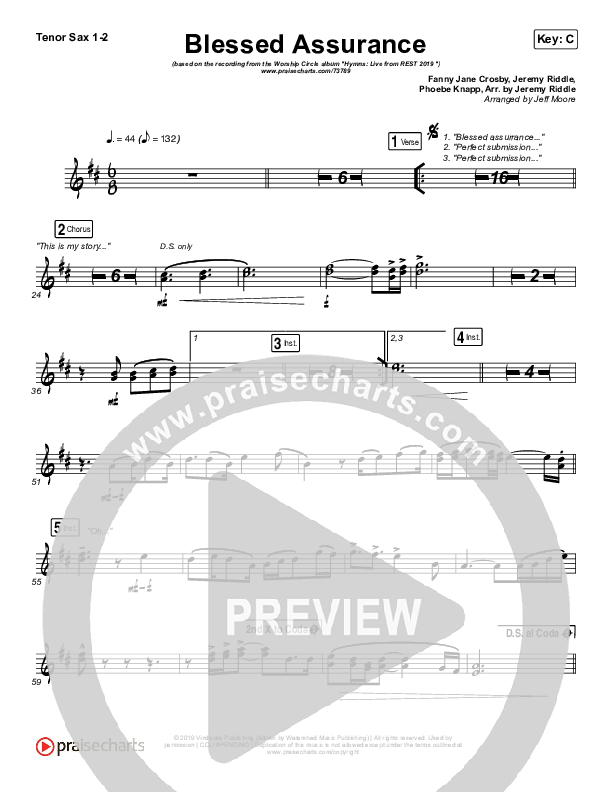 Blessed Assurance Tenor Sax Sheet Music Pdf Jeremy Riddle Praisecharts