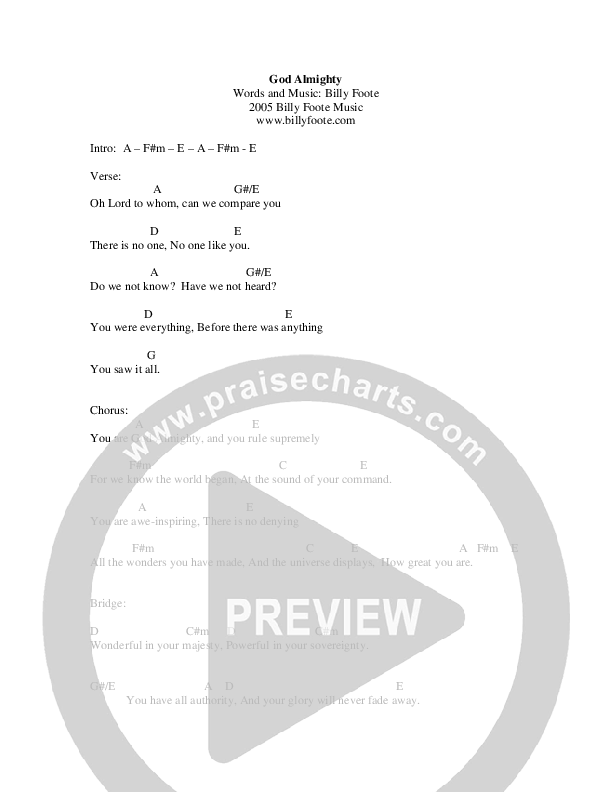 God Almighty Chords PDF (Billy Foote / Cindy Foote) - PraiseCharts God Almighty Chords PDF (Billy Foote / Cindy Foote) - PraiseCharts