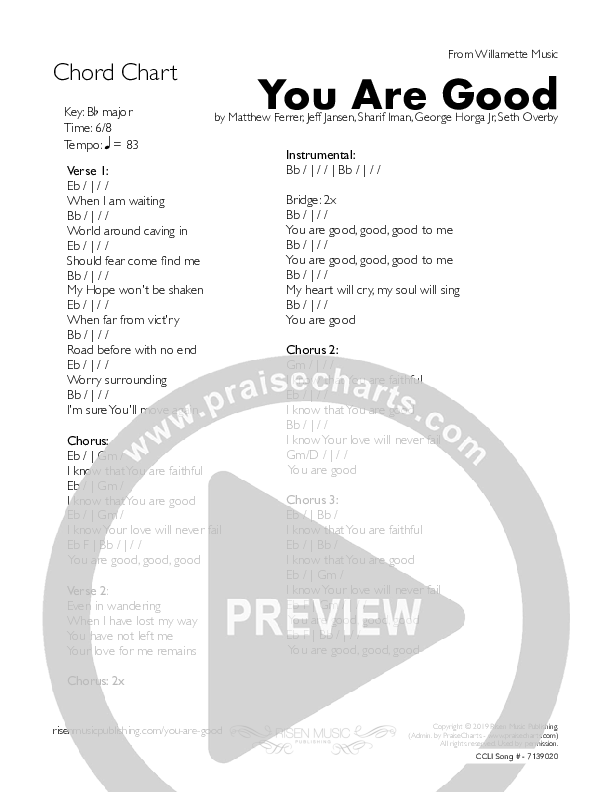 You Are Good Chords PDF (Willamette Music) - PraiseCharts