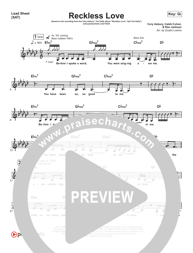 Reckless Love Sheet Music PDF (Cory Asbury / Tori Kelly) - PraiseCharts