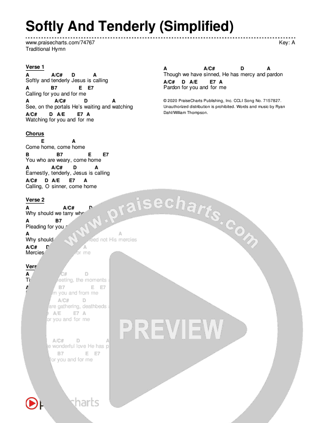 Softly And Tenderly (Simplified) Chords PDF (Traditional Hymn ...
