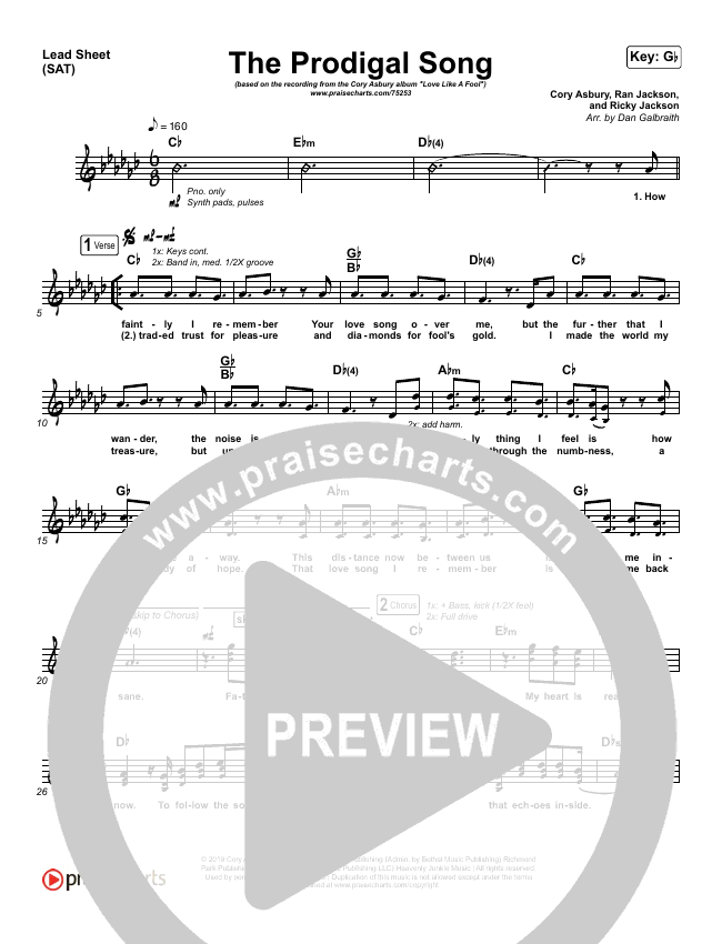 The Prodigal Song Sheet Music PDF (Cory Asbury) - PraiseCharts