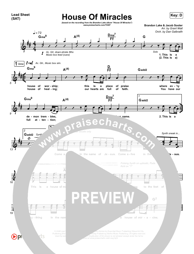 House Of Miracles Sheet Music PDF (Brandon Lake) - PraiseCharts