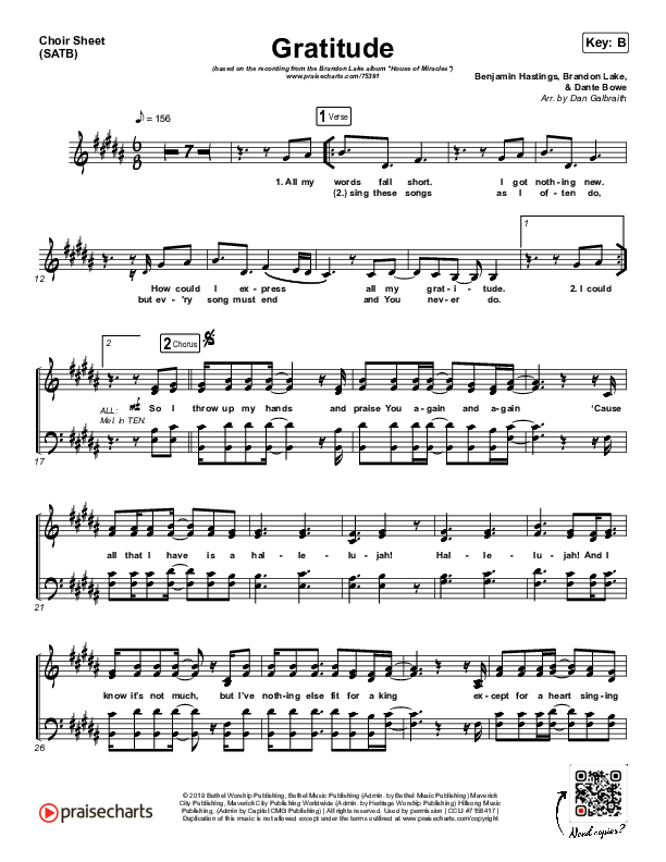 Gratitude Sheet Music PDF (Brandon Lake) - PraiseCharts